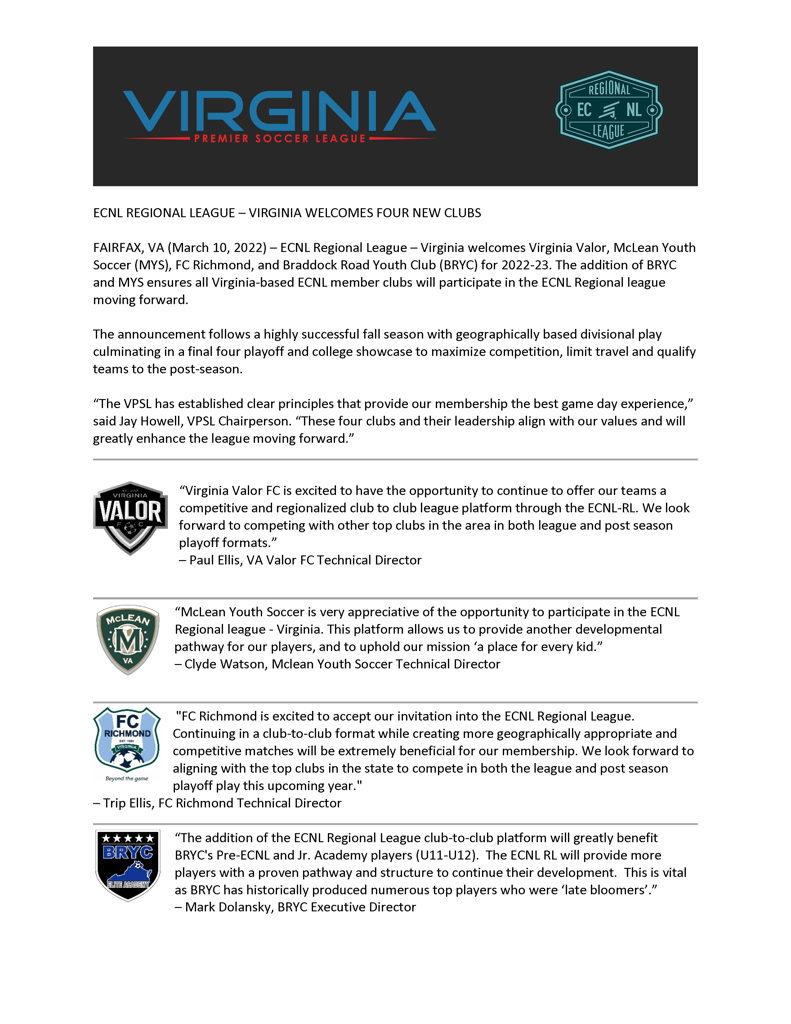 VPSL - ECNL Regional League Virginia Welcome 4 New Clubs