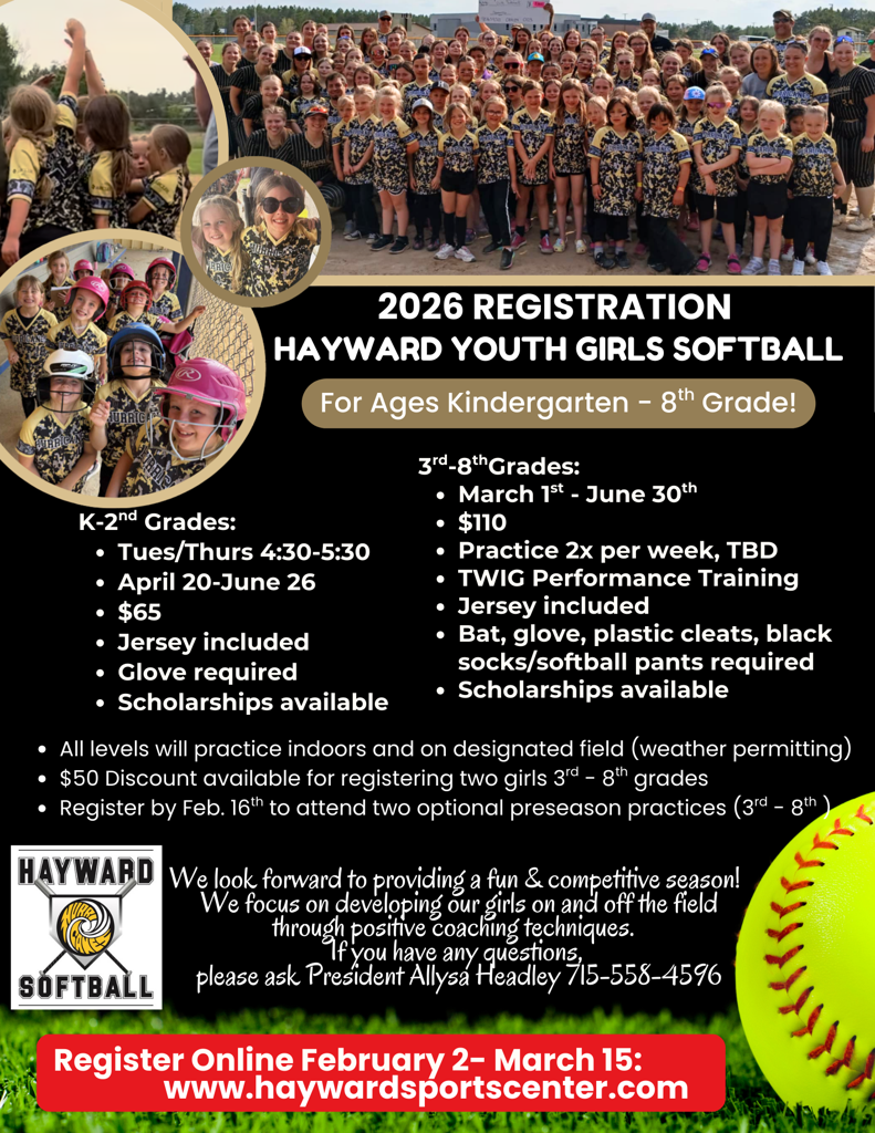 Welcome | 2026 Youth Softball Registration | Hayward Sports Center ...