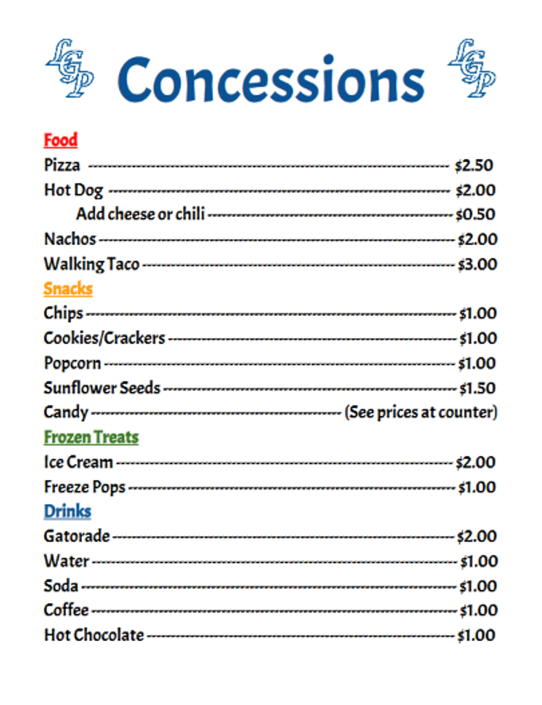 Concession Stand Price List Template